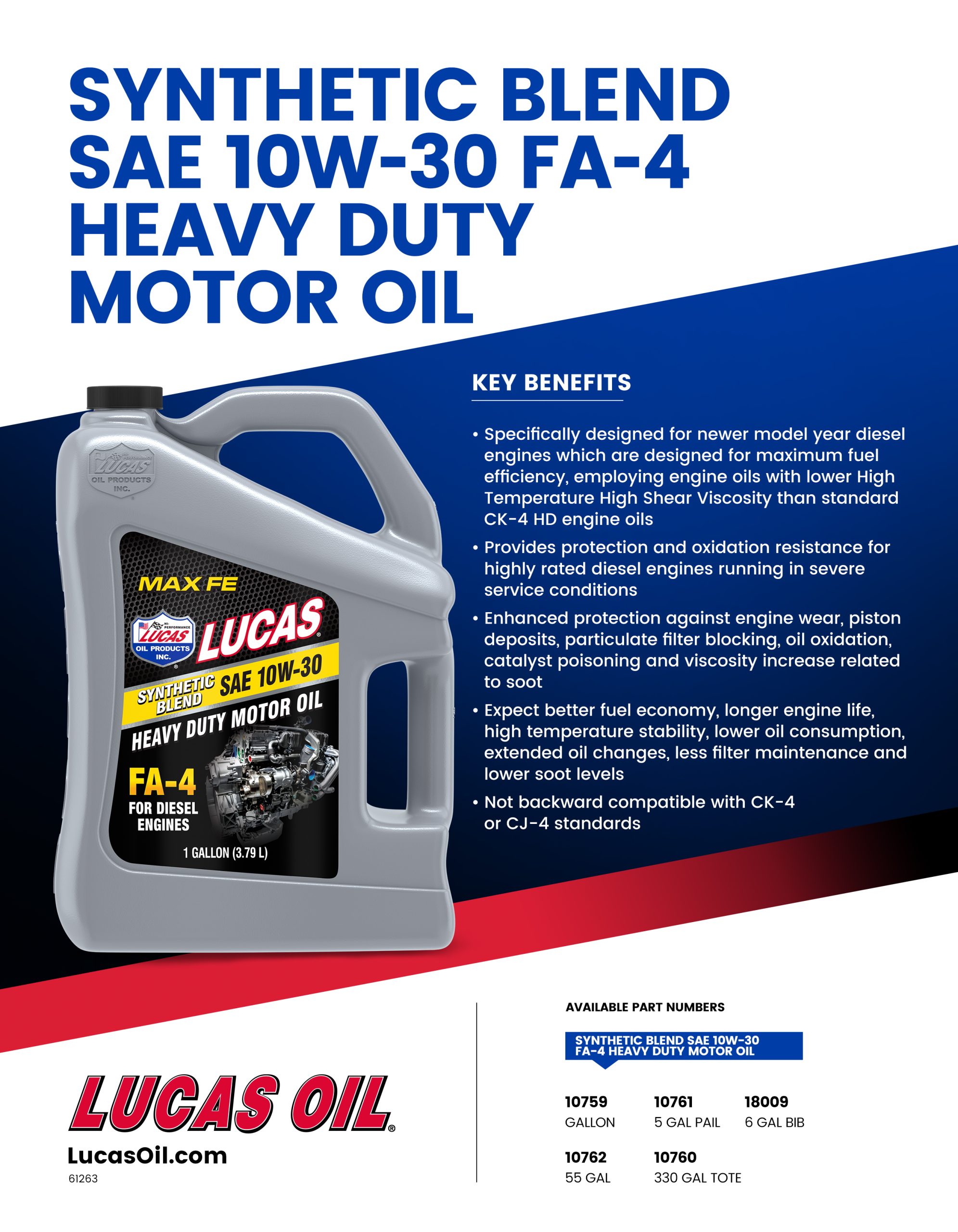 Synthetic Blend SAE 10W-30 Max FE API FA-4 Heavy Duty Motor Oil – Lucas ...